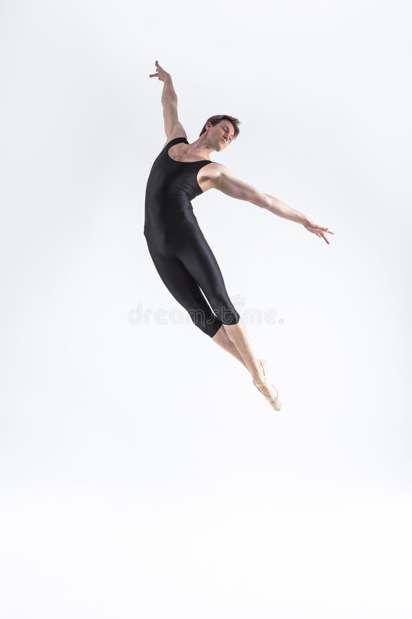 Ballet Dancer Young Man in Black Dance Suit Posing in Flying Ballanced ...
