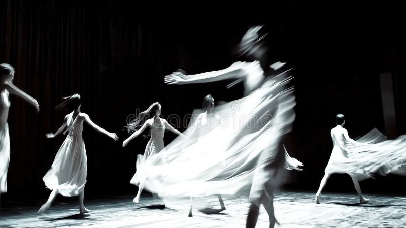 Ballet Dancers Performing with Motion Blur Effect on Dark Stage Stock ...