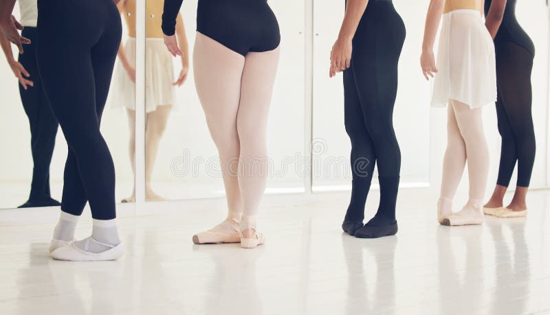 Ballet, Feet and Students in Mirror Together for Practice, Exercise or ...