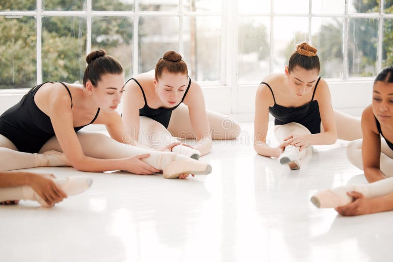 Ballet, Group and Stretch with Dancers in Dance Studio, Art Academy or ...
