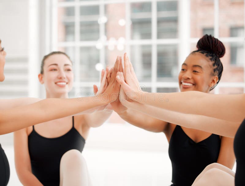 Ballet, Hands and High Five with People in Studio Together for Class ...