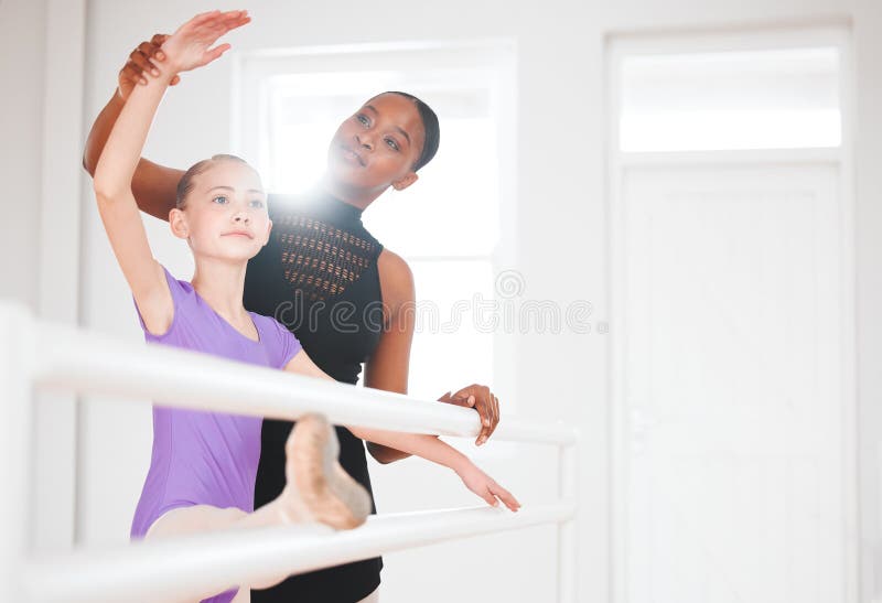 Ballet, Student and Woman with Helping in Class for Arm Technique ...