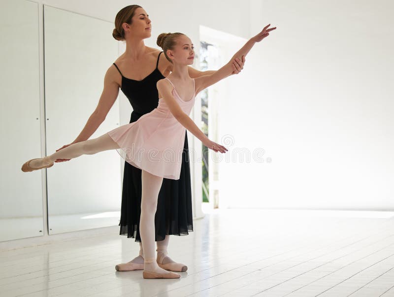 Ballet, Teacher and Girl in Studio for Helping, Coach and Correct ...