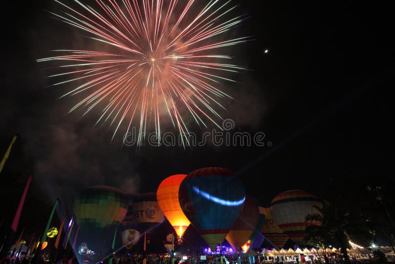 Balloon Festival with Fireworks Stock Image - Image of holiday ...