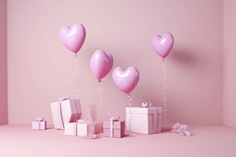 Balloon Heart Shape in Pink Studio with Gift Boxes Stock Illustration ...