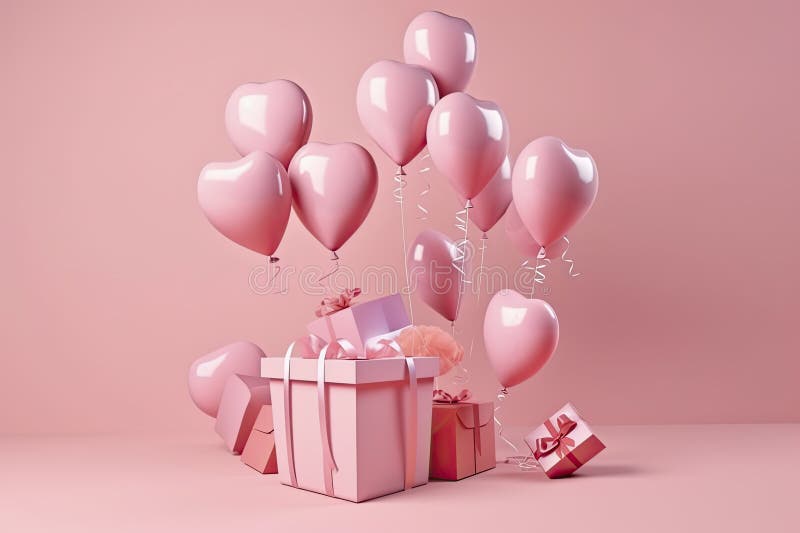 Balloon Heart Shape in Pink Studio with Gift Boxes Stock Image - Image ...