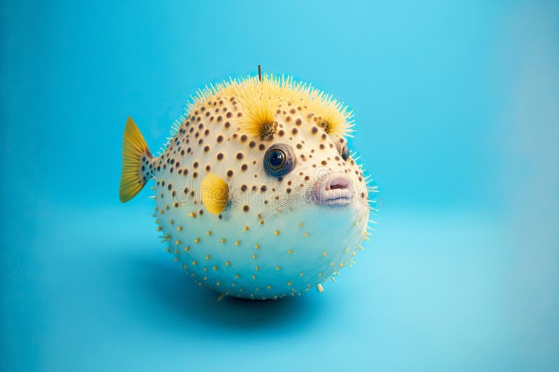 Balloon-like Puffer Fish with Sharp Spikes on Blue Background Stock ...