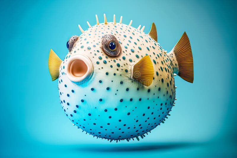 Balloon-like Puffer Fish with Sharp Spikes on Blue Background Stock ...