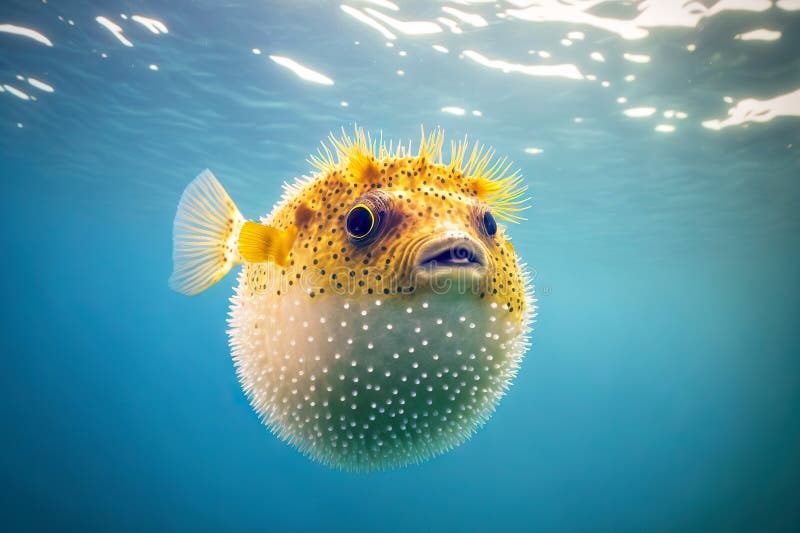 Balloon-like Puffer Fish with Sharp Spikes in Illuminated Water Stock ...