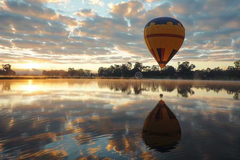 Balloon Over Serene Lake, Reflection of Dawns Light Stock Photo - Image ...