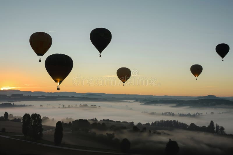 Balloons Ascending with a Fogcovered Landscape Below at Dawn Stock ...
