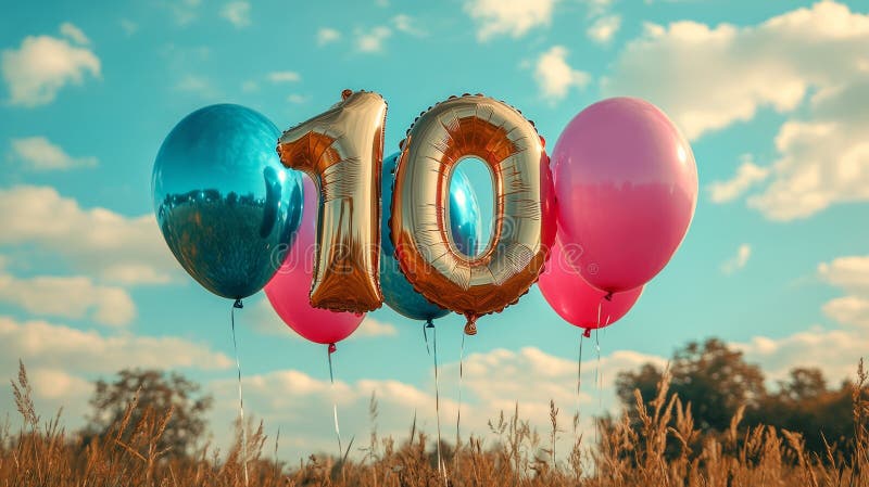 Balloons in a Field with Number 10, Celebration Concept Stock Image ...