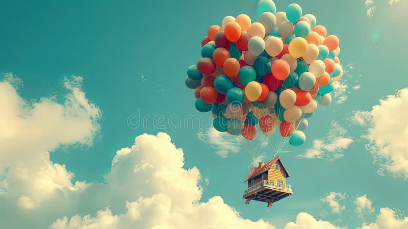 Balloons Flying with Home House in the Sky with Clouds Picked Up Stock ...