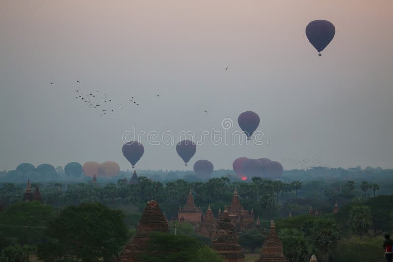 Balloons Flying Over the Ancient Pagodas Stock Photo - Image of ...