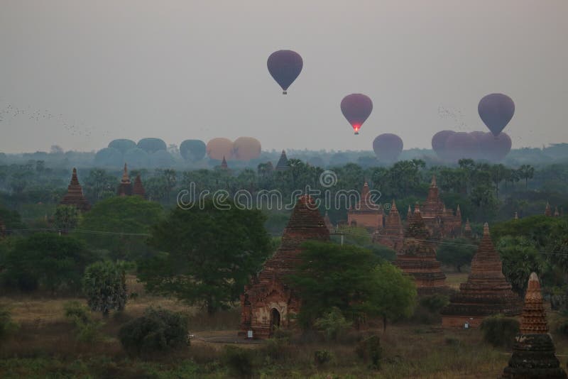 Balloons Flying Over the Ancient Pagodas Stock Photo - Image of ...