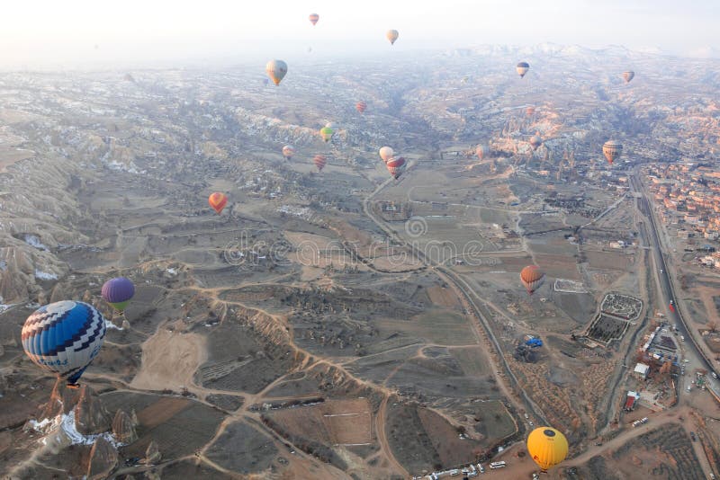 Balloons Flying at Sunrise in Cappadocia, Turkey Stock Image - Image of ...