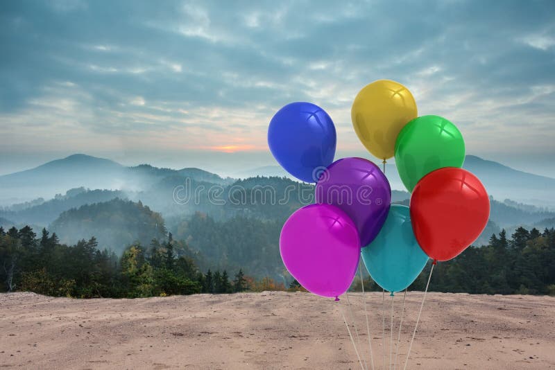 Balloons in Front of Mountains Stock Photo - Image of clouds, party ...