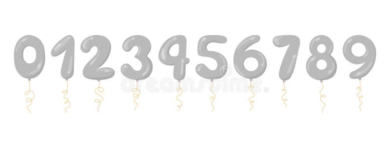 Balloons Numbers Vector Set. Flat Style Helium Balloons Silver Colored ...