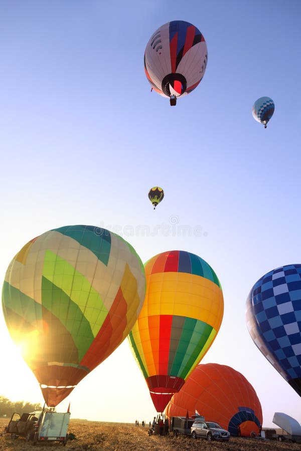 Balloons Start Fly on Fields, Hills in Summer Stock Image - Image of ...