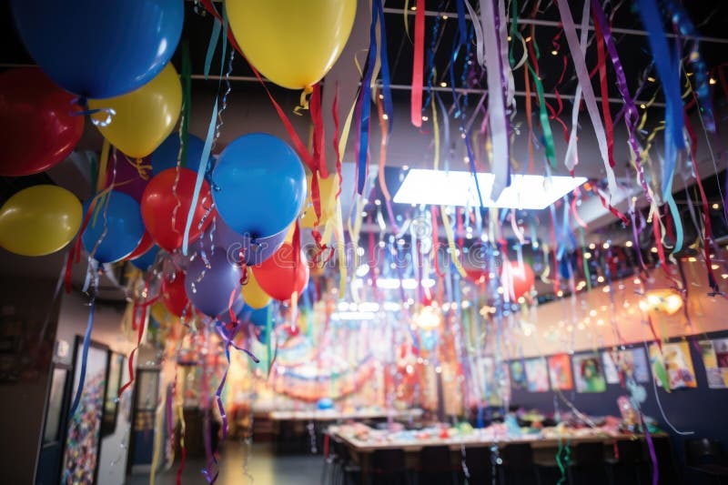 Balloons and Streamers Hanging from Ceiling Stock Image - Image of ...