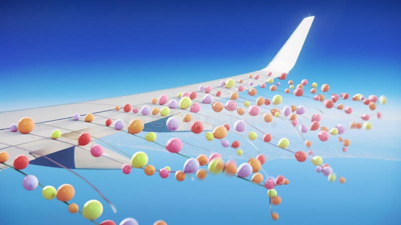 Balloons on Strings Attached To the Wing of an Airplane in Flight Stock ...