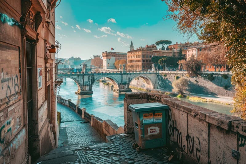 Urban Election Scene with Ballot Box on Historic Bridge Overlooking ...