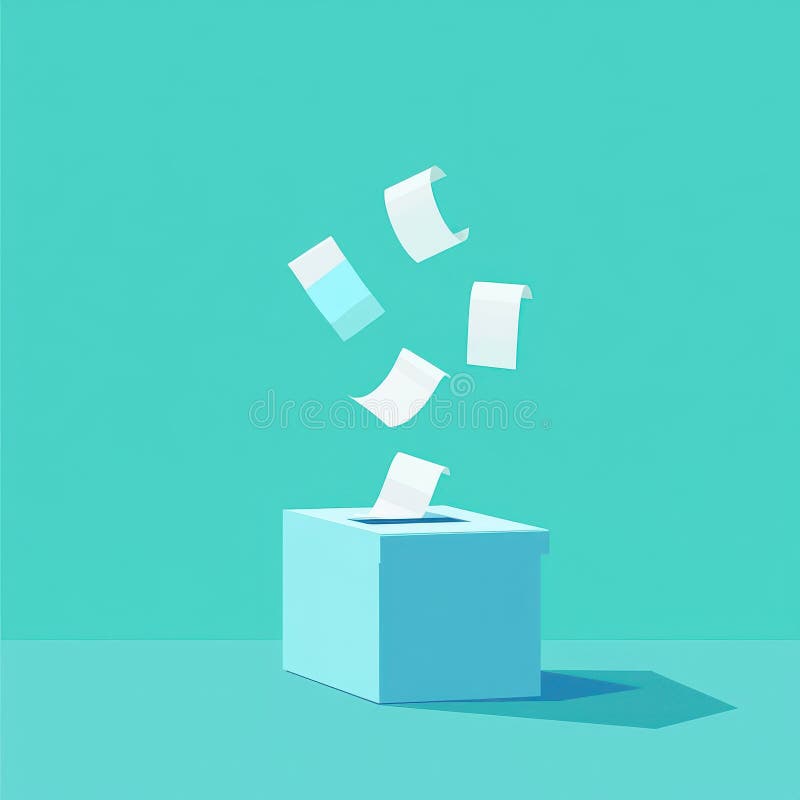 Ballot Papers Being Cast into a Blue Voting Box on a Solid Color ...