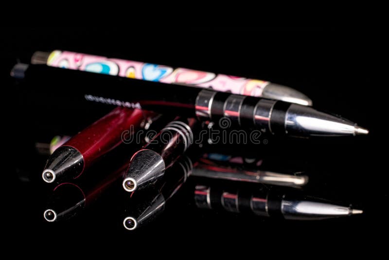 Ballpoint Writing Pen Isolated on Black Glass Stock Photo - Image of ...