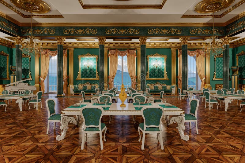 The Ballroom and Restaurant in Classic Style. 3D Render Stock ...