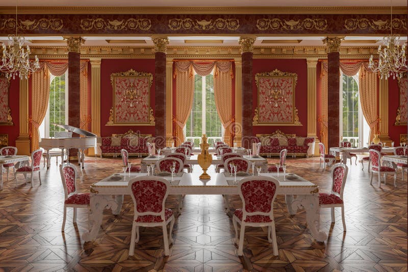 The Ballroom and Restaurant in Classic Style. 3D Render Stock ...
