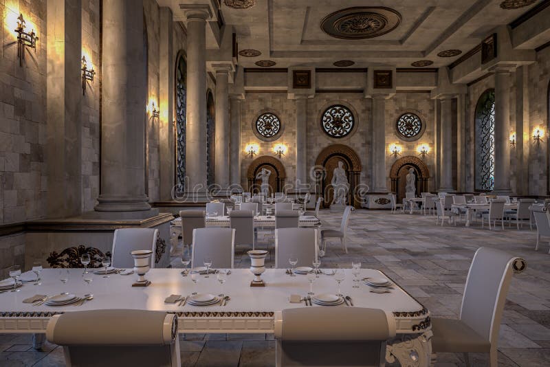 The Ballroom and Restaurant in Classic Style. 3D Render Stock ...