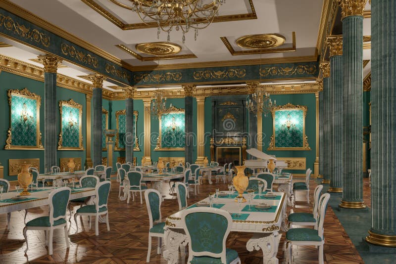 The Ballroom and Restaurant in Classic Style. 3D Render Stock ...