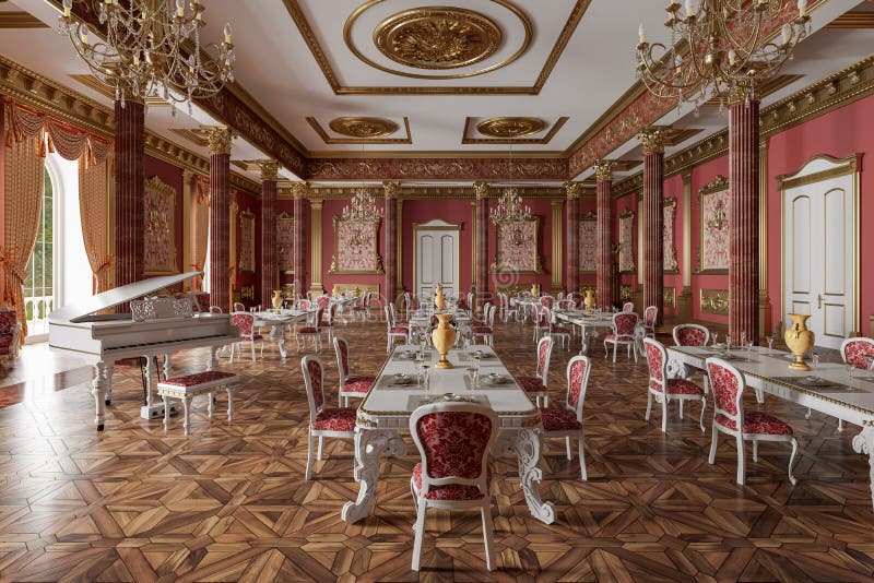 The Ballroom and Restaurant in Classic Style. 3D Render Stock ...