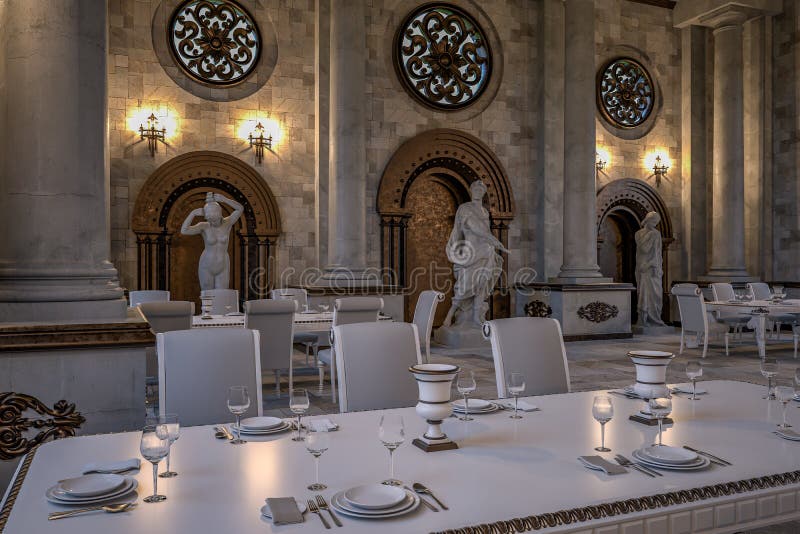 The Ballroom and Restaurant in Classic Style. 3D Render Stock ...