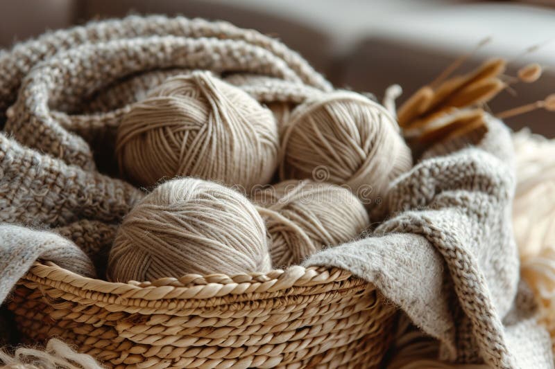 Balls of Gray Yarn in a Basket. Generative AI. Stock Illustration ...