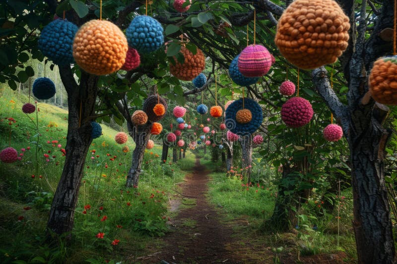 Balls of Wool on Trees, Concept of Knitting and Needlework Stock Image ...