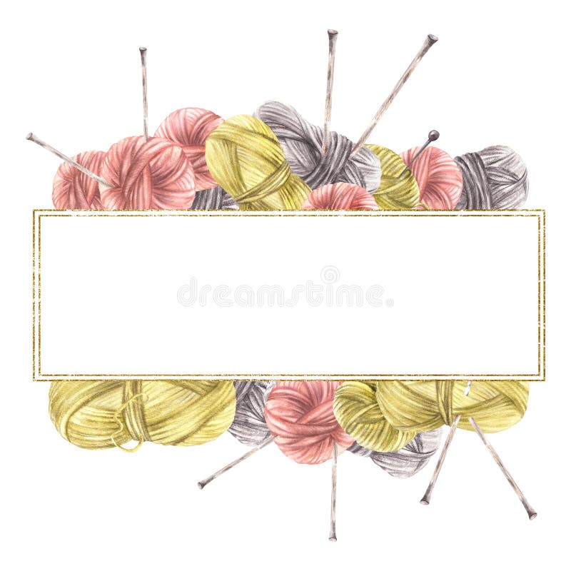 Balls of Yarn Threads with Knitting Needles Golden Rectangular Frame ...