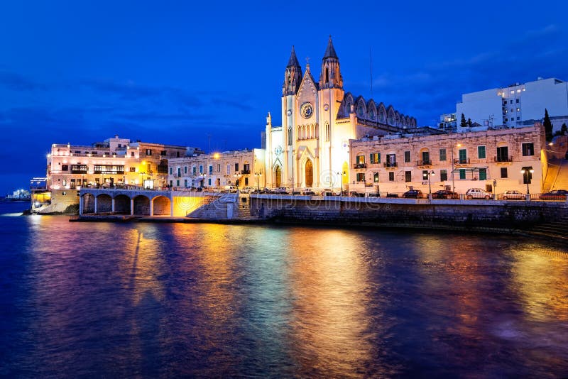 Balluta Bay Seafront of Cathedral Editorial Stock Photo - Image of wide ...