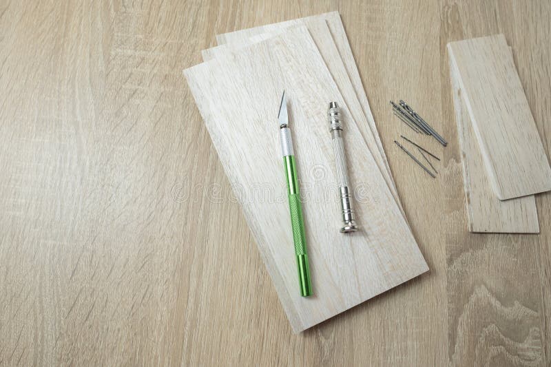 Balsa Wood, Crafting Hand Tools Jigsaw, Knife and Drill Arranged on ...