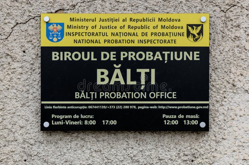 Balti Probation Office Sign in Moldova with Operating Hours. October 30 ...