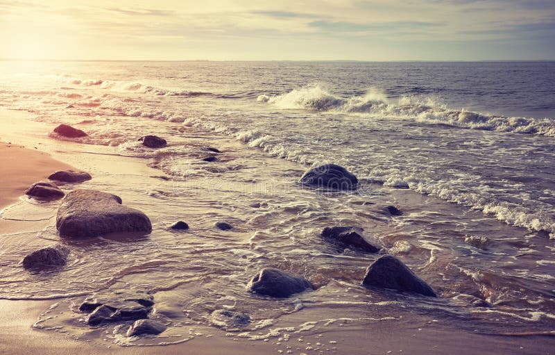 Baltic Sea Beach at Sunset, Color Toning Applied, Poland Stock Photo ...