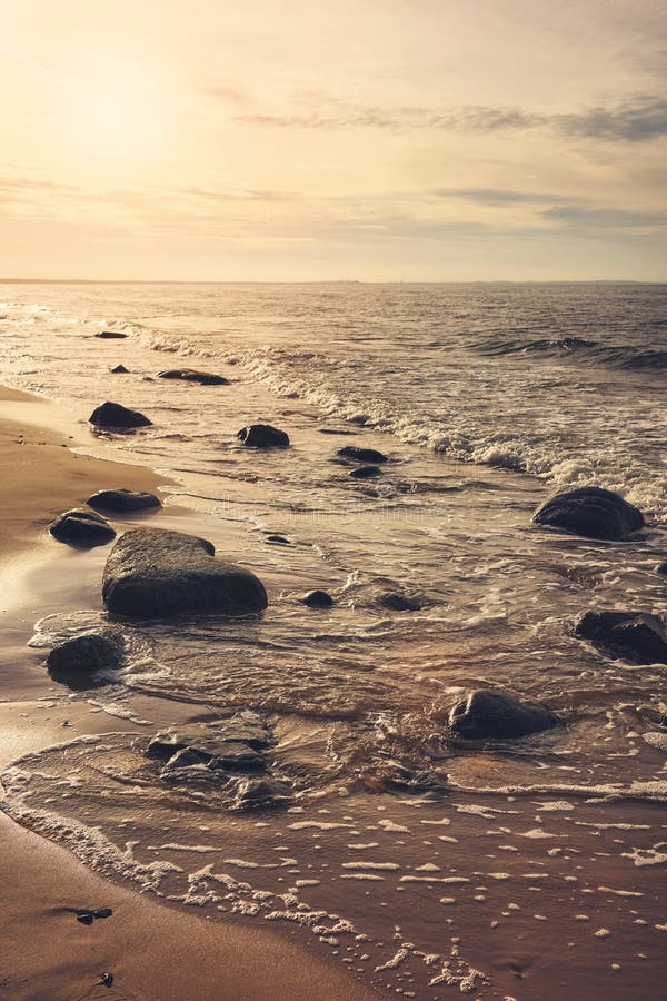 Baltic Sea Beach at Sunset, Color Toning Applied, Poland Stock Image ...