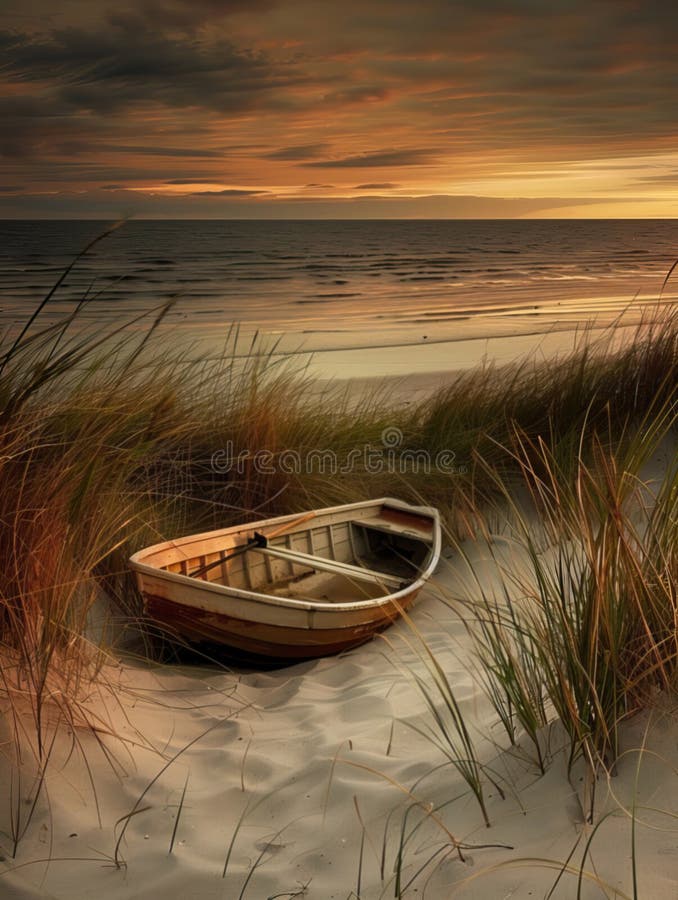 Baltic Sea, Grass and Row Boat on the Beach in the Evening Light Stock ...