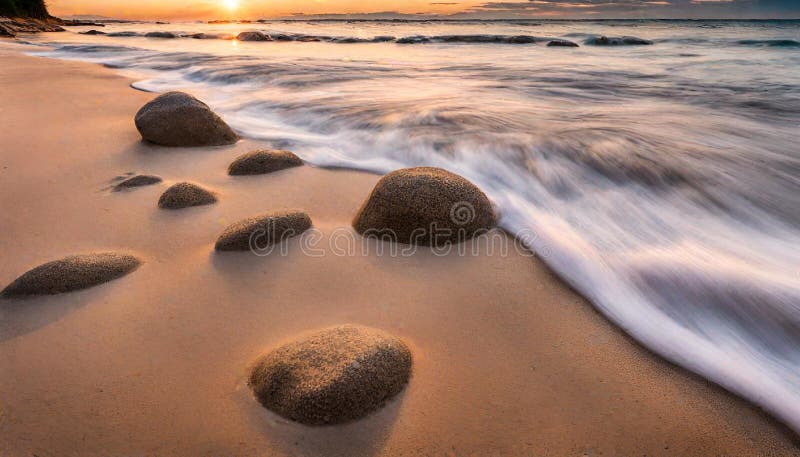 Baltic Sea Rocks and Beach Sand Sunset Stock Illustration ...