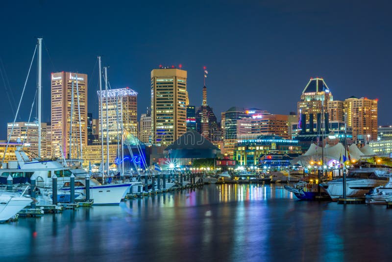 Baltimore Inner Harbor and Marina at Night, in Baltimore, Maryland ...