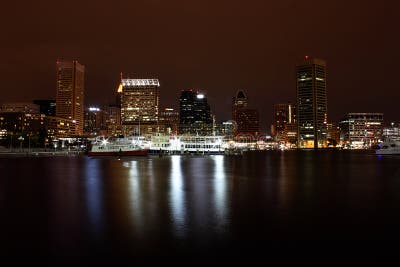 Baltimore Inner Harbor at Night Stock Photo - Image of black ...