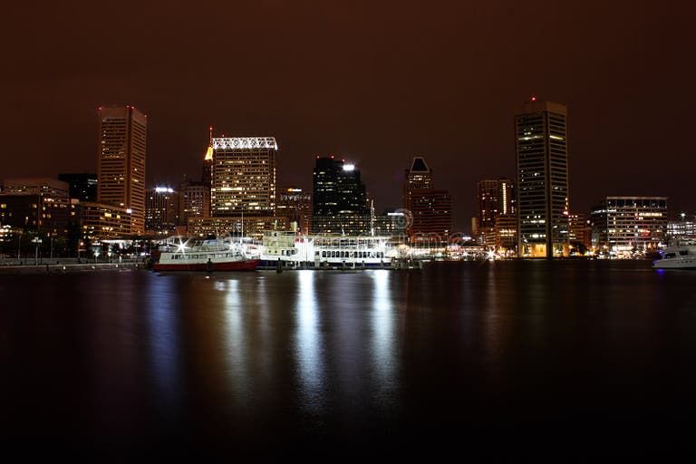 Baltimore Inner Harbor at Night Stock Photo - Image of black ...