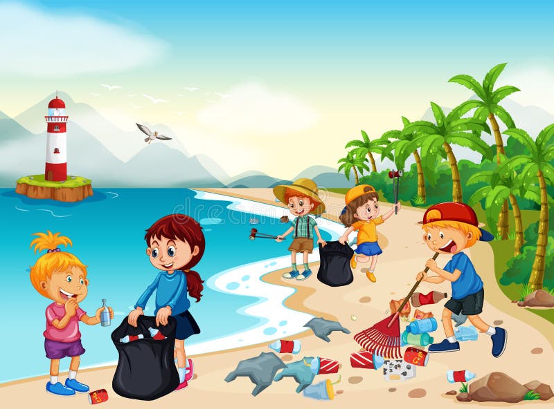 Bambini Volontari Che Puliscono Spiaggia Illustrazione Vettoriale ...