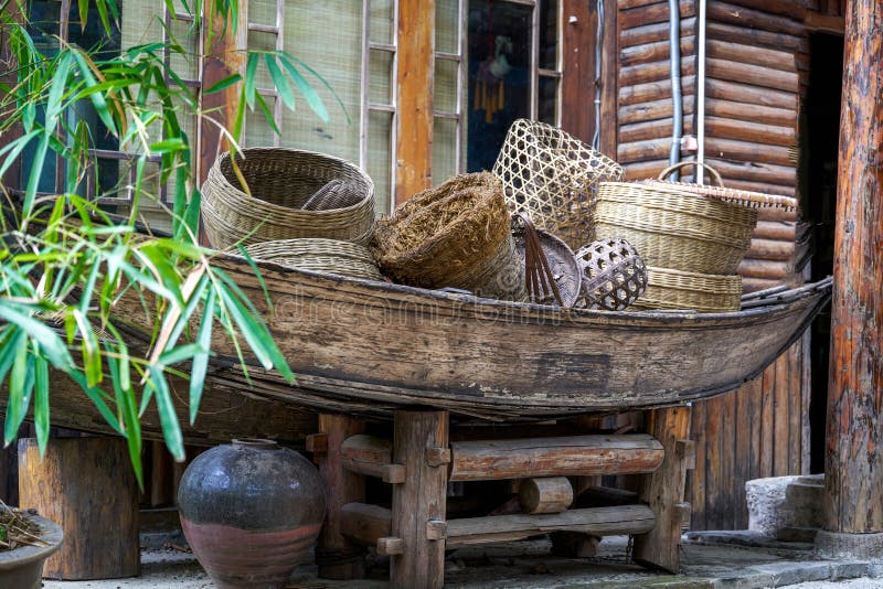 Bamboo Baskets and Baskets for Farming in Rural China Stock Photo ...