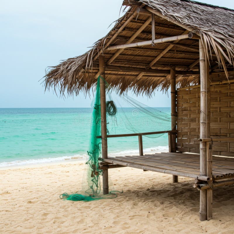 Bamboo Beach Hut with Fishing Net and Turquoise Ocean Stock ...